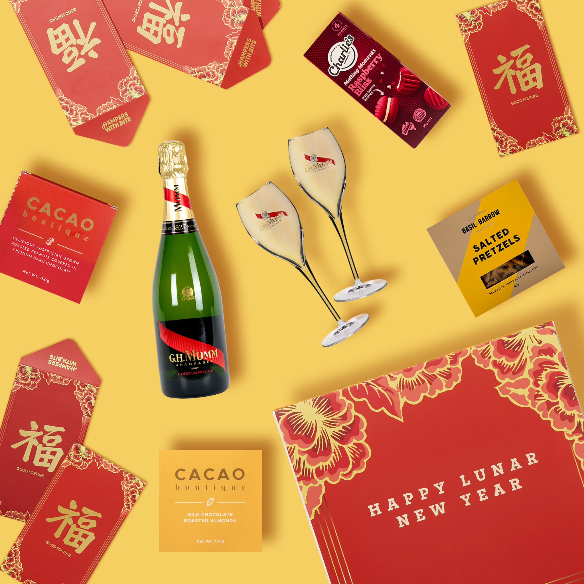 Lunar New Year Mumm Champagne & Flutes Gift Box | Hampers With Bite